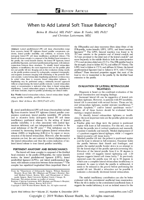 (PDF) Lateral Soft Tissue Balancing in Patellofemoral Surgery