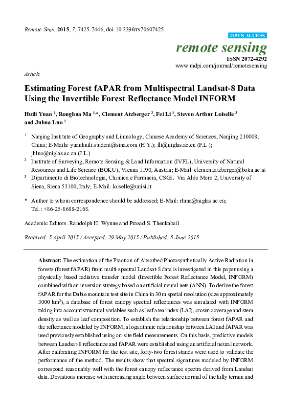 Pdf Article Estimating Forest Fapar From Multispectral Landsat 8 Data Using The Invertible