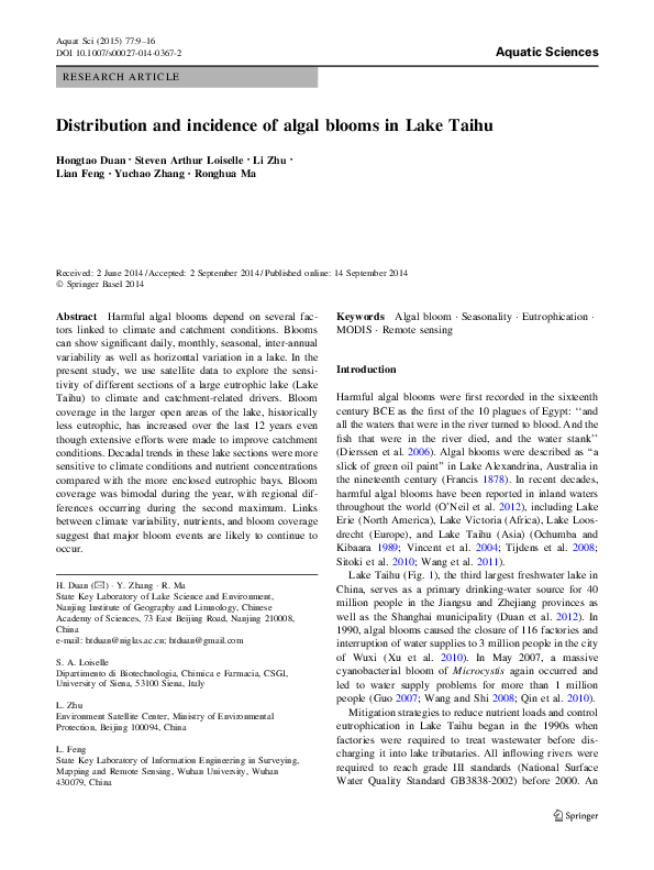 (PDF) Distribution and incidence of algal blooms in Lake Taihu