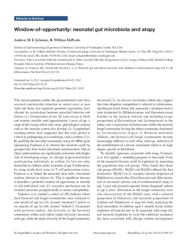 Pdf Window Of Opportunity Neonatal Gut Microbiota And Atopy William Depaolo