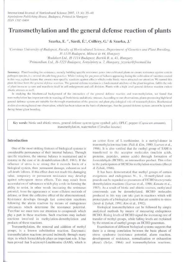 (PDF) Transmethylation and the general defense reaction of plants