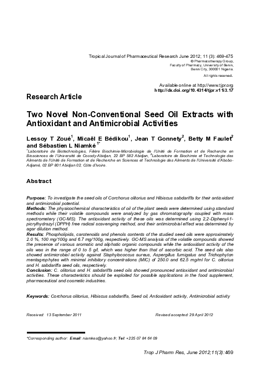 (PDF) Two Novel Non-Conventional Seed Oil Extracts with Antioxidant and Antimicrobial Activities