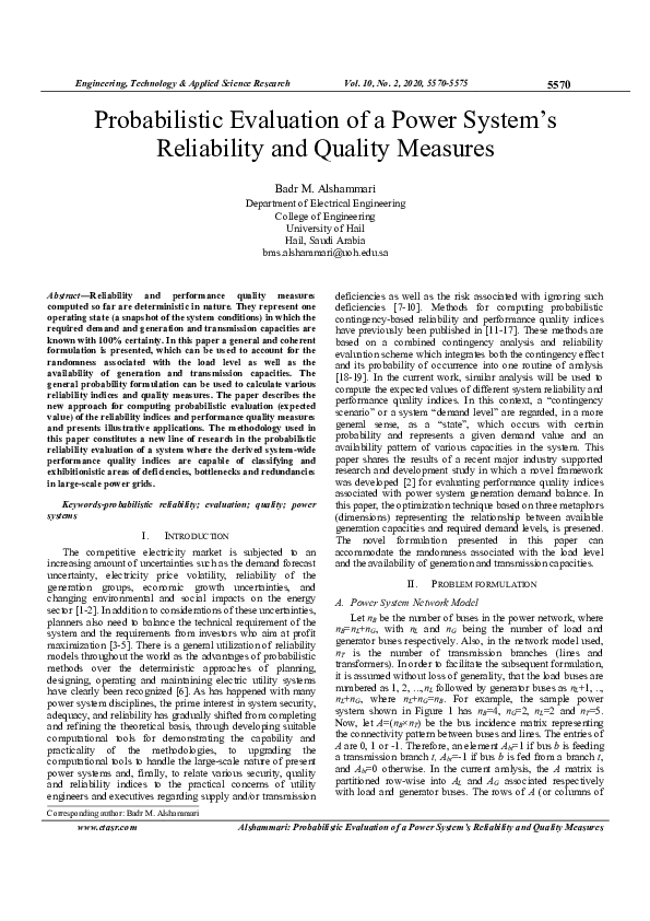 (PDF) Probabilistic Evaluation of a Power System’s Reliability and Quality Measures