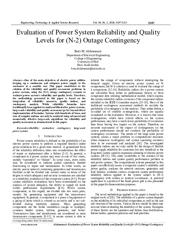 (PDF) Evaluation of Power System Reliability and Quality Levels for (N ...