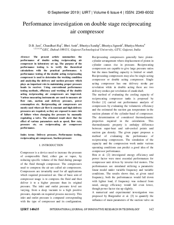 Pdf Performance Investigation On Double Stage Reciprocating Air Compressor Chaudhari Raj Raj
