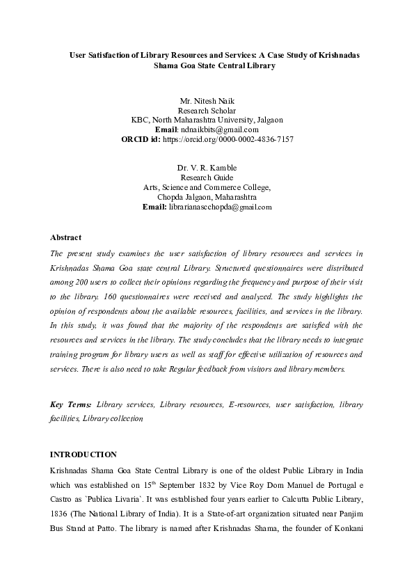 (DOC) User Satisfaction of Library Resources and Services: A Case Study of Krishnadas Shama Goa ...