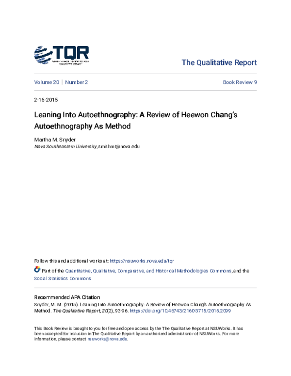 (PDF) Leaning Into Autoethnography: A Review of Heewon Chang's ...