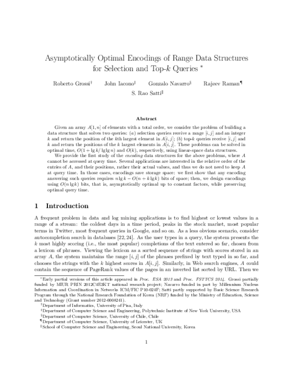 (PDF) Asymptotically Optimal Encodings of Range Data Structures for Selection and Top- k Queries
