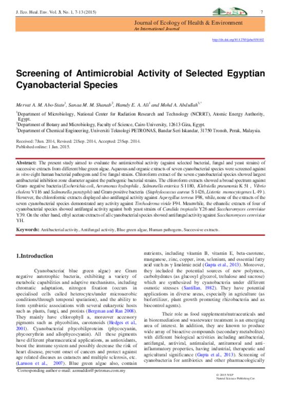 (PDF) Screening of Antimicrobial Activity of Selected Egyptian Cyanobacterial Species