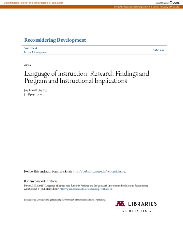 (PDF) Language of Instruction: Research Findings and Program and ...