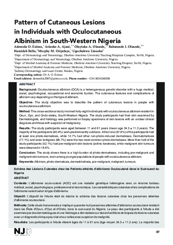 (PDF) Pattern of Cutaneous Lesions in Patients with Oculocutaneous Albinism