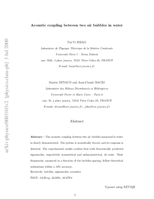 (PDF) Acoustic coupling between two air bubbles in water
