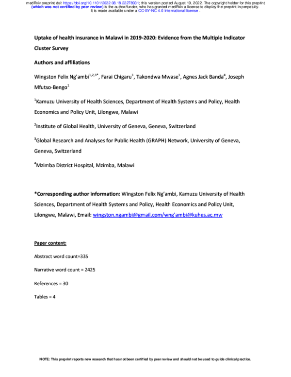 (PDF) Uptake of health insurance in Malawi in 2019-2020: Evidence from ...