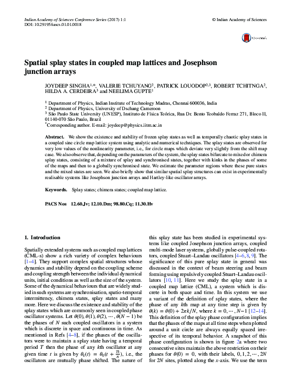 (PDF) Spatial splay states in coupled map lattices and Josephson ...