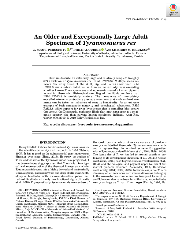 (PDF) An Older and Exceptionally Large Adult Specimen of Tyrannosaurus rex