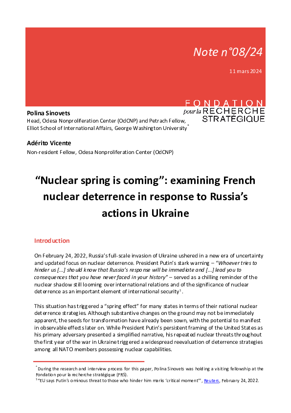 (PDF) "Nuclear spring is coming": examining French nuclear deterrence in response to Russia's ...