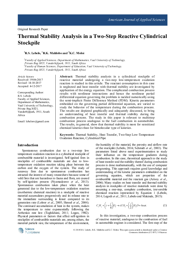 (PDF) Thermal Stability Analysis in a Two-Step Reactive Cylindrical ...