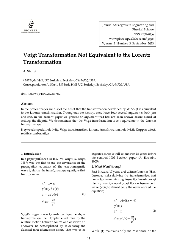 (PDF) Voigt Transformation Not Equivalent to the Lorentz Transformation