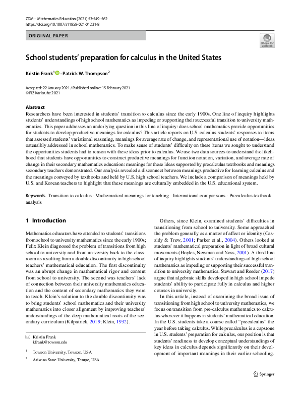 (PDF) School students’ preparation for calculus in the United States