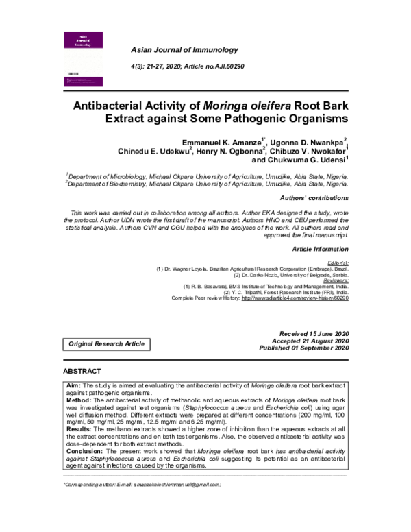 (PDF) Antibacterial Activity of Moringa oleifera Root Bark Extract against Some Pathogenic Organisms