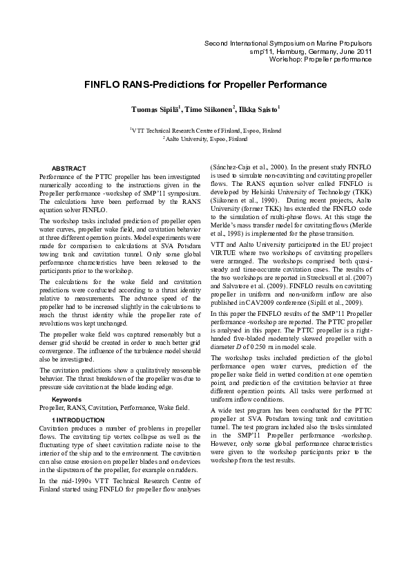 (PDF) FINFLO RANS-Predictions for Propeller Performance
