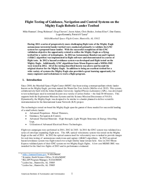 (PDF) Flight Testing of Guidance, Navigation and Control Systems on the ...