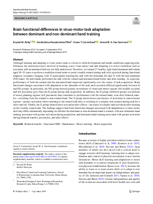 (PDF) Brain functional differences in visuo-motor task adaptation between dominant and non ...