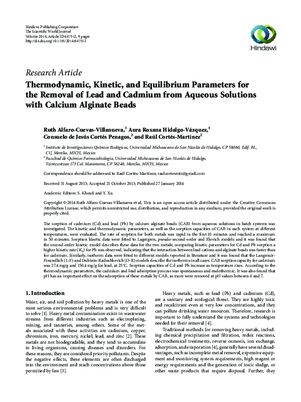 (PDF) Thermodynamic, Kinetic, and Equilibrium Parameters for the Removal of Lead and Cadmium ...