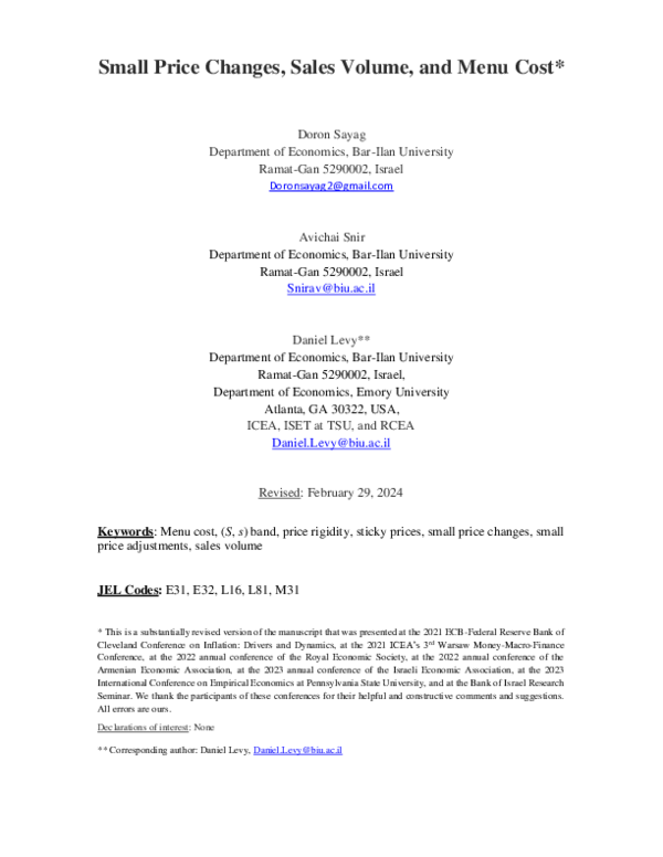 (PDF) Small Price Changes, Sales Volume, and Menu Cost