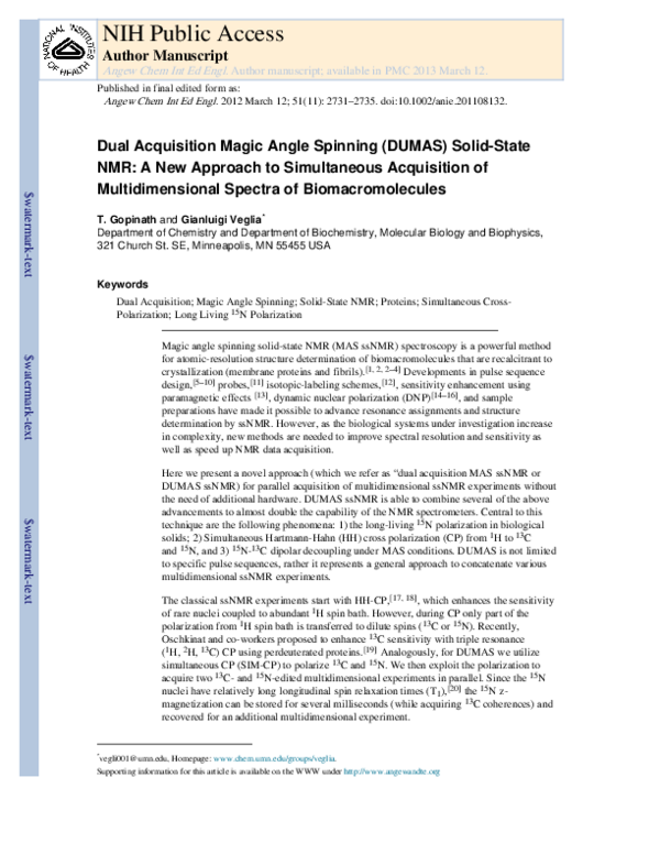 (PDF) Dual Acquisition Magic‐Angle Spinning Solid‐State NMR‐Spectroscopy: Simultaneous ...