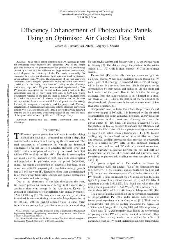 (PDF) Efficiency Enhancement of Photovoltaic Panels Using an Optimised Air Cooled Heat Sink