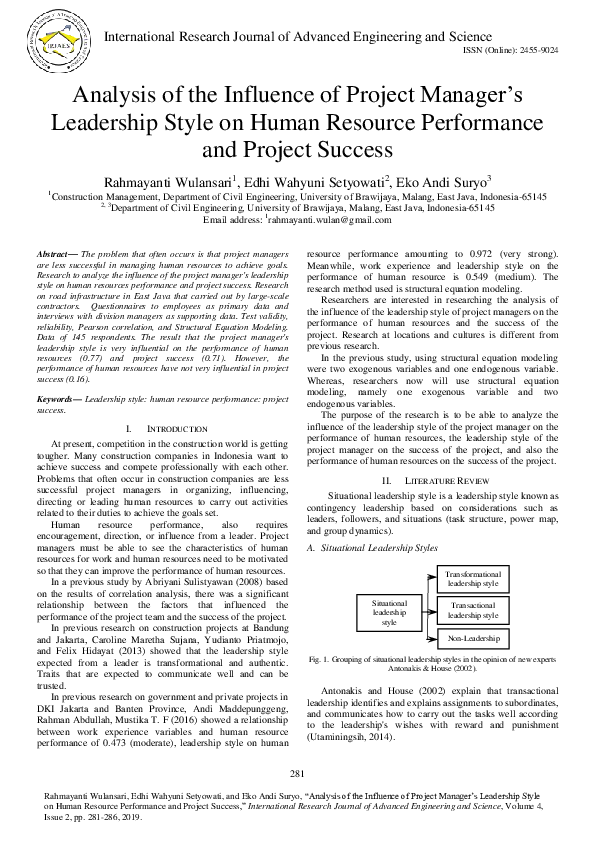 (PDF) Analysis of the Influence of Project Manager's Leadership Style ...