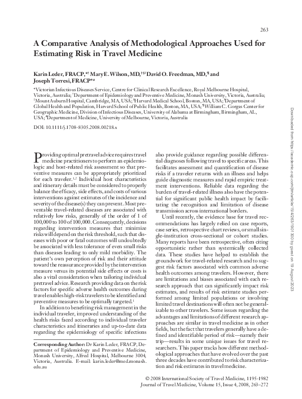 (PDF) A Comparative Analysis of Methodological Approaches Used for Estimating Risk in Travel ...