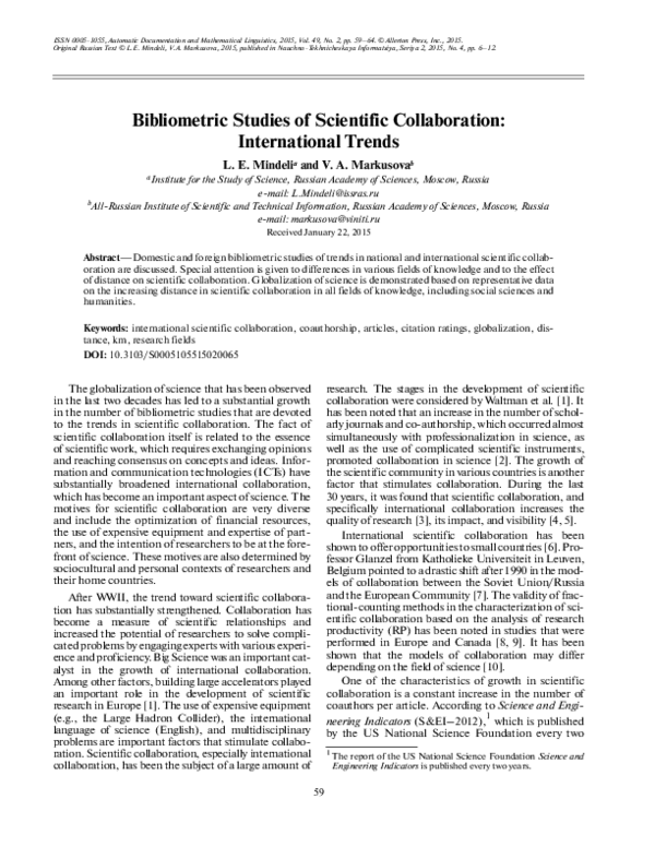 (PDF) Bibliometric studies of scientific collaboration: International ...