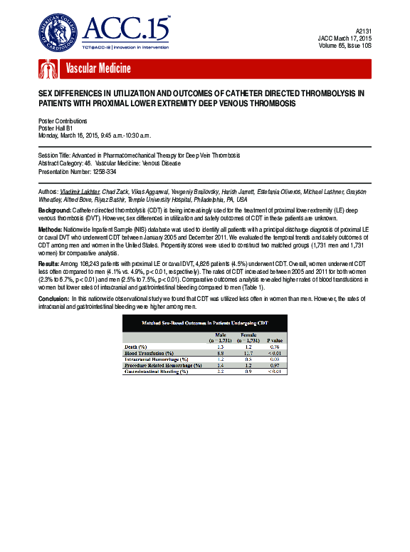 (PDF) Sex Differences in Utilization and Outcomes of Catheter Directed Thrombolysis in Patients ...