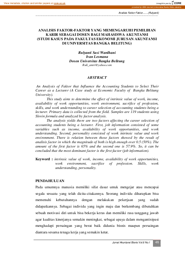 (PDF) Analisis Faktor-Faktor Yang Memengaruhi Pemilihan Karir Sebagai Dosen Bagi Mahasiswa ...