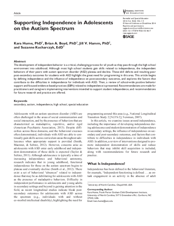 (PDF) Supporting Independence in Adolescents on the Autism Spectrum