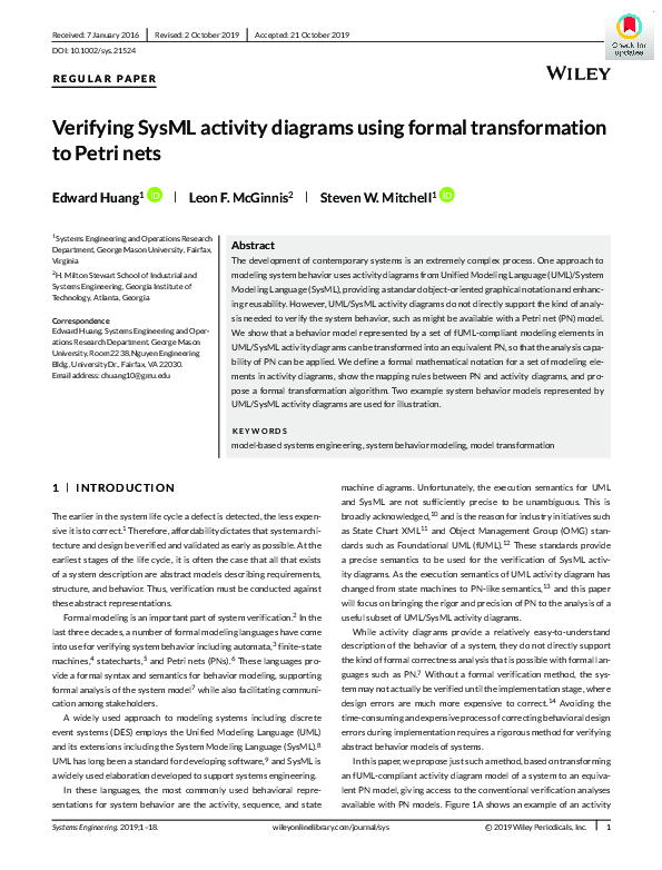 (PDF) Verifying SysML activity diagrams using formal transformation to Petri nets