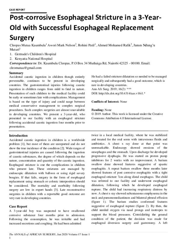 (PDF) Post-corrosive Esophageal Stricture in a 3-Year-Old with ...