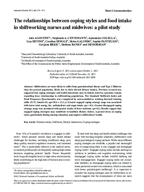 (PDF) The relationships between coping styles and food intake in shiftworking nurses and ...