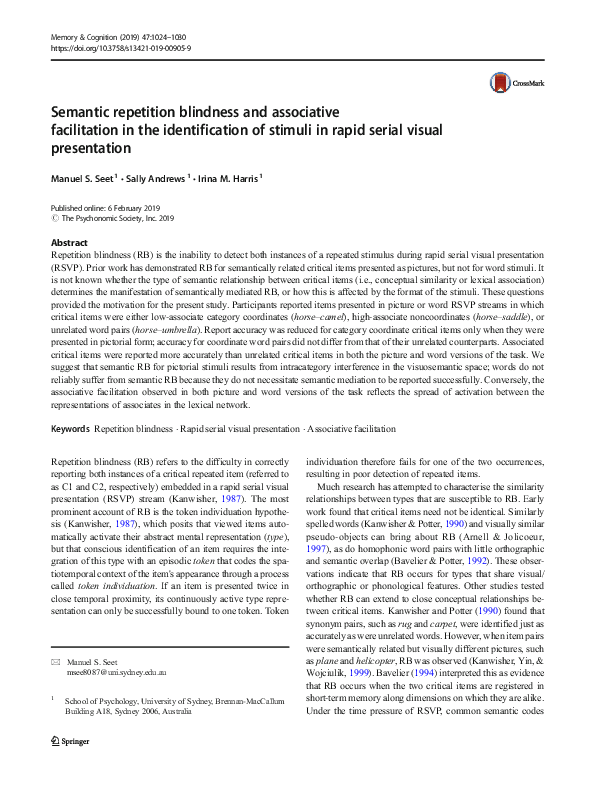 (PDF) Semantic repetition blindness and associative facilitation in the identification of ...