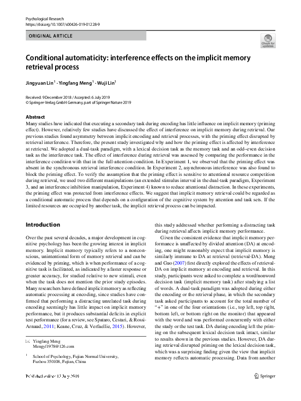 (PDF) Conditional automaticity: interference effects on the implicit memory retrieval process