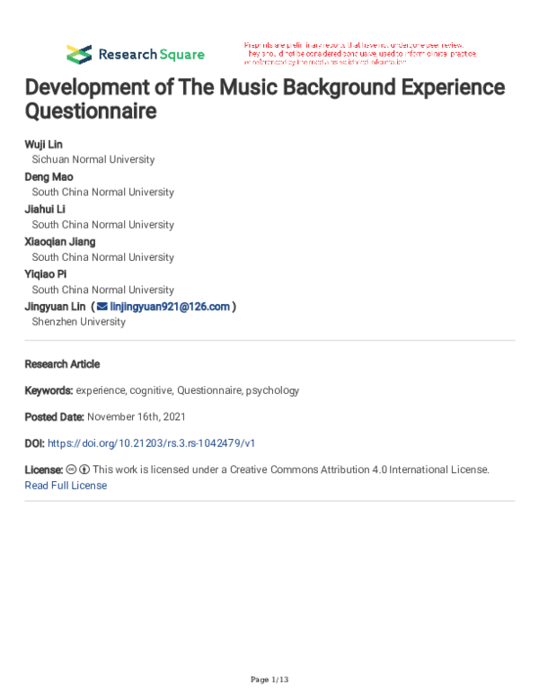 (PDF) Development of The Music Background Experience Questionnaire