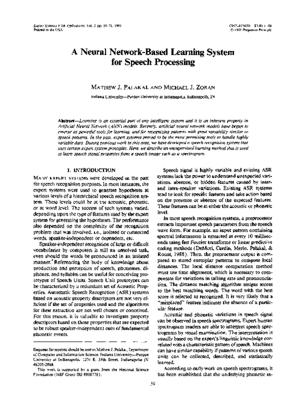 (PDF) A neural network-based learning system for speech processing