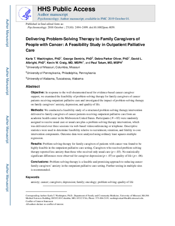 (PDF) Delivering problem‐solving therapy to family caregivers of people ...