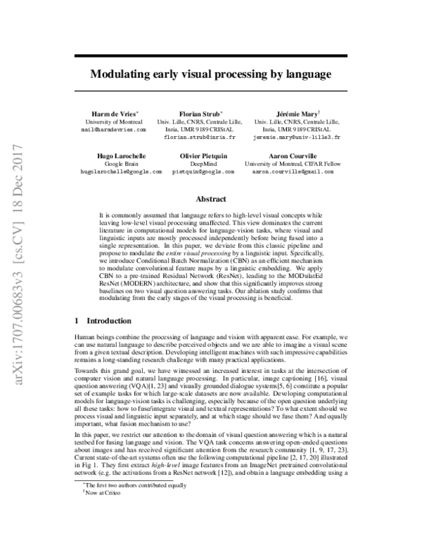 (PDF) Modulating early visual processing by language | Aaron Courville - Academia.edu
