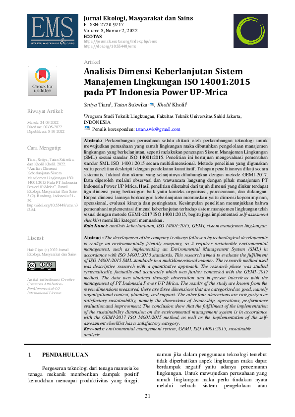 (PDF) Analisis Dimensi Keberlanjutan Sistem Manajemen Lingkungan ISO 14001:2015 pada PT ...