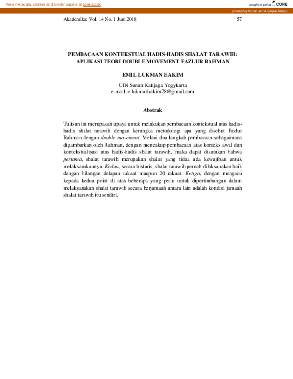 (PDF) Pembacaan Kontekstual Hadis-Hadis Shalat Tarawih: Aplikasi Teori Double Movement Fazlur Rahman