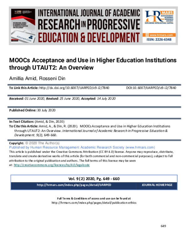 (PDF) MOOCs Acceptance and Use in Higher Education Institutions through UTAUT2: An Overview