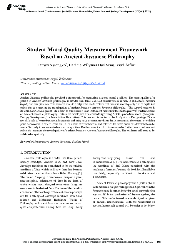 (PDF) Student Moral Quality Measurement Framework Based on Ancient Javanese Philosophy
